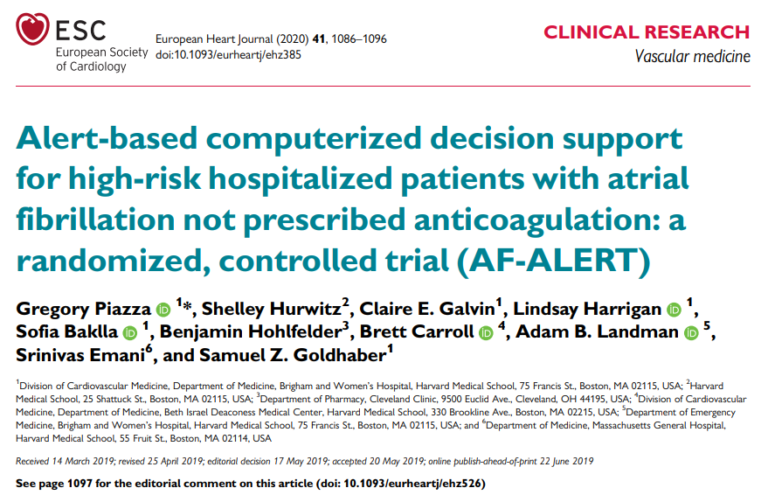 2020/1/22（水）、心房細動入院のハイリスク群に対するアラートによるコンピュータ判定システムの有効性について調べた研究「Alert-based computerized decision ...